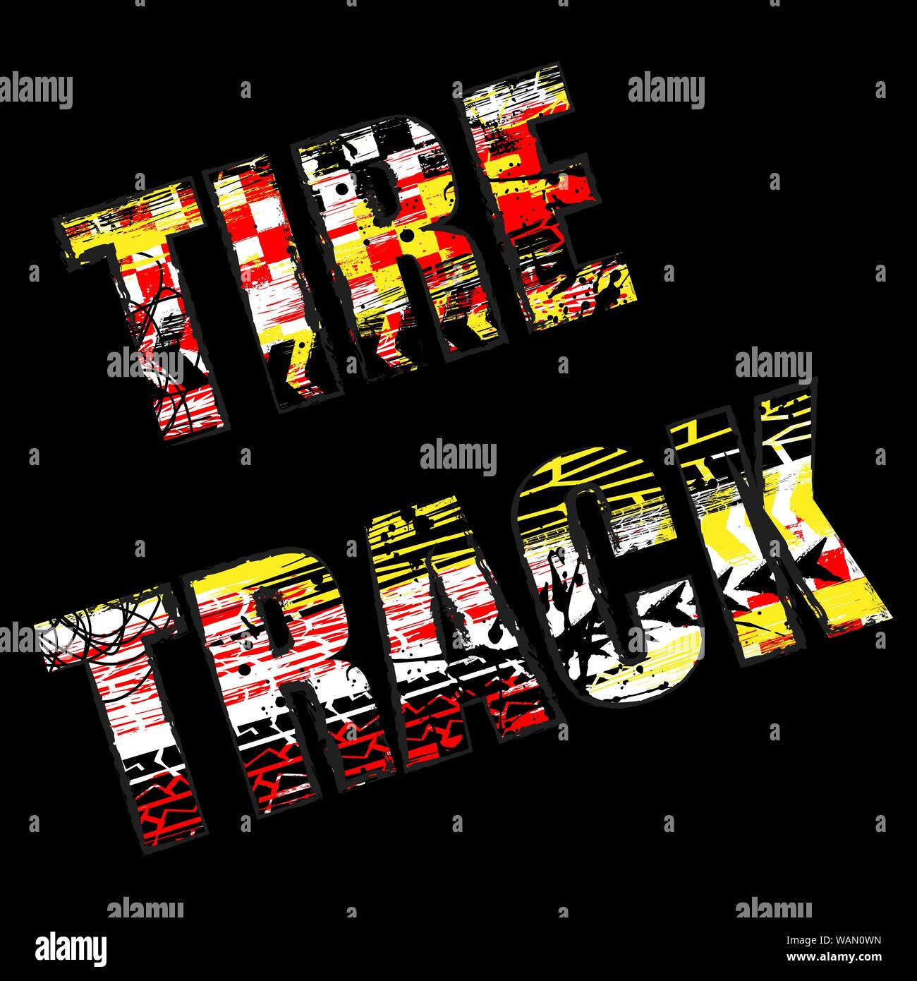 Tire track words with grunge color elements isolated on black ...
