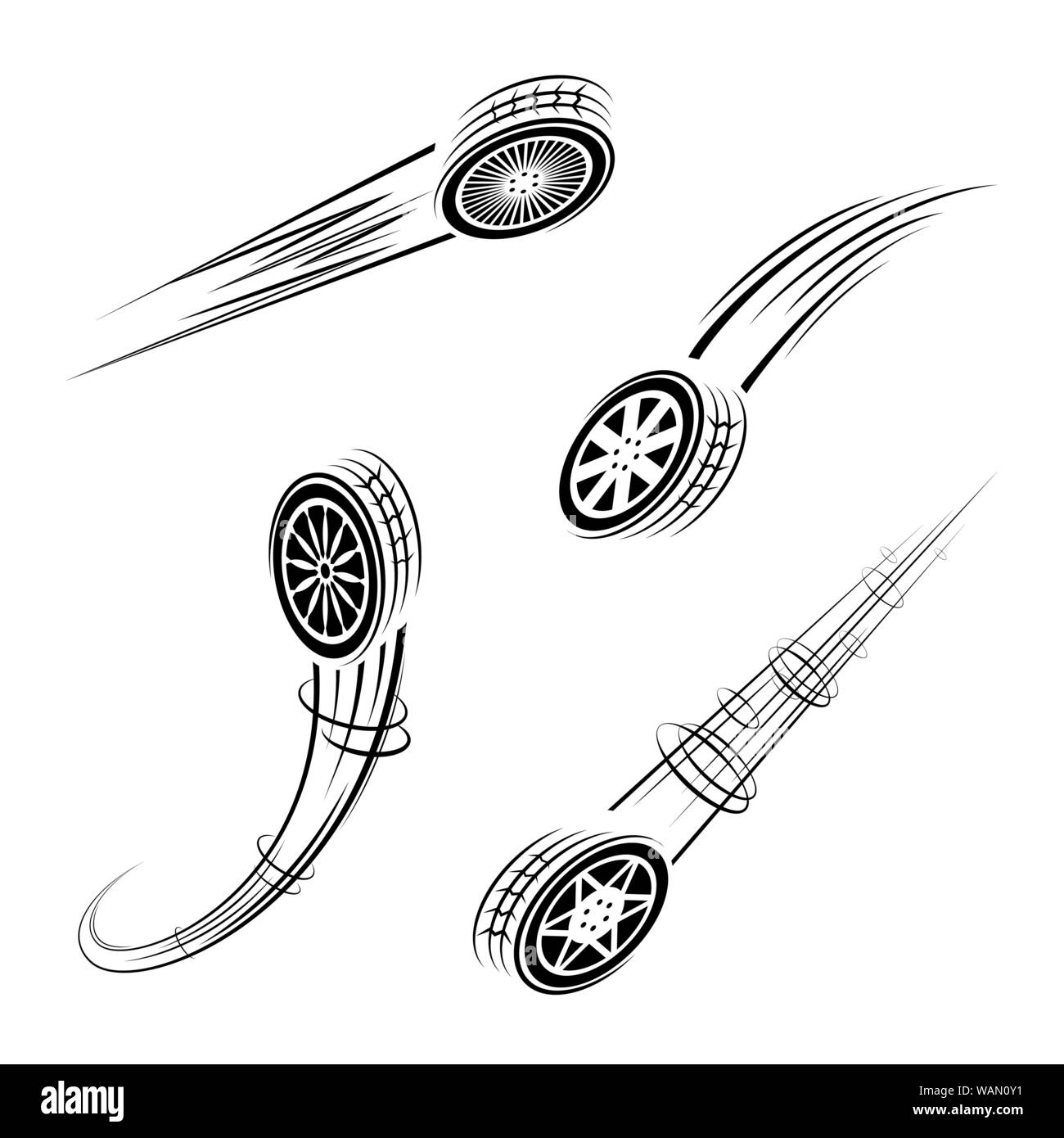 Set of black outline car wheel movement set isolated on white ...
