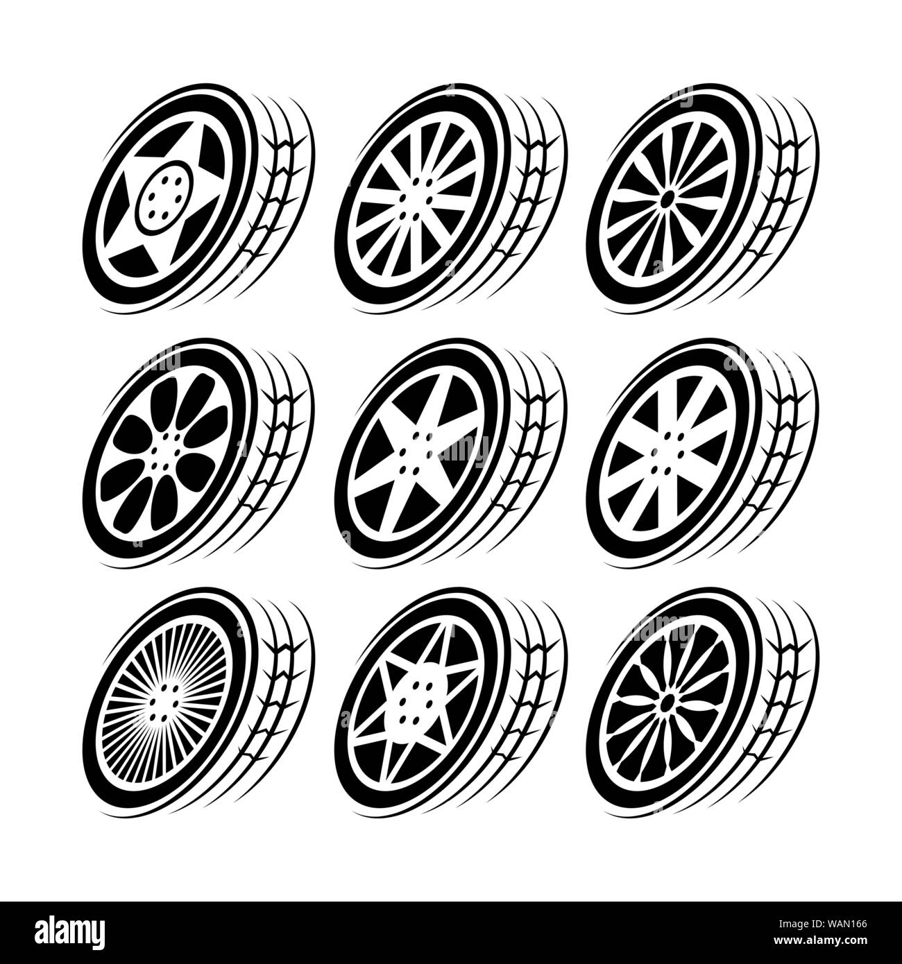 Set of nine outline car wheel silhouettes isolated on white background ...