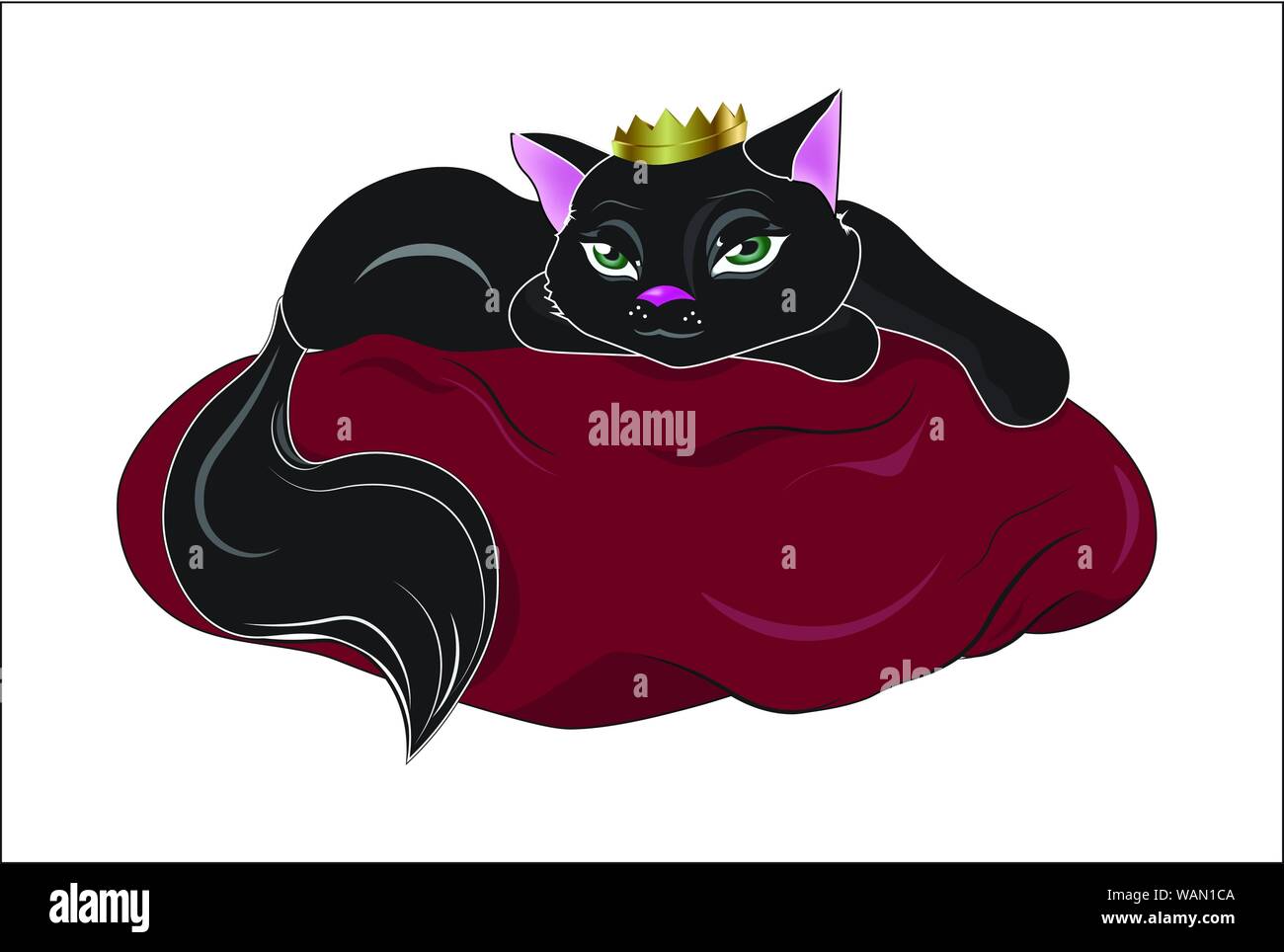 the black cat queen with crown, lies on a red pillow Stock Vector Image ...