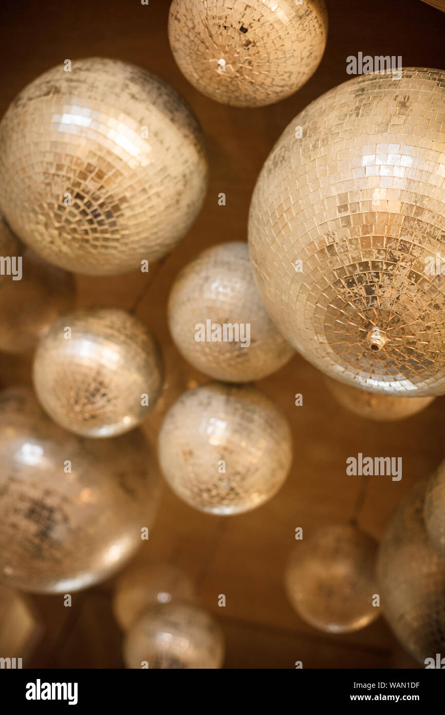Shining disco ball on grey background Stock Photo - Alamy