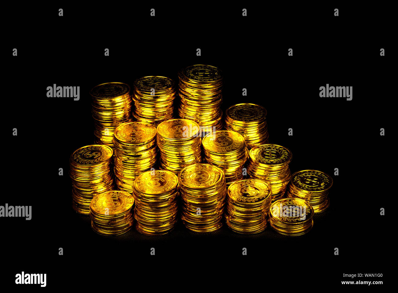 Stacking gold coin in treasure stack at black background Stock Photo ...