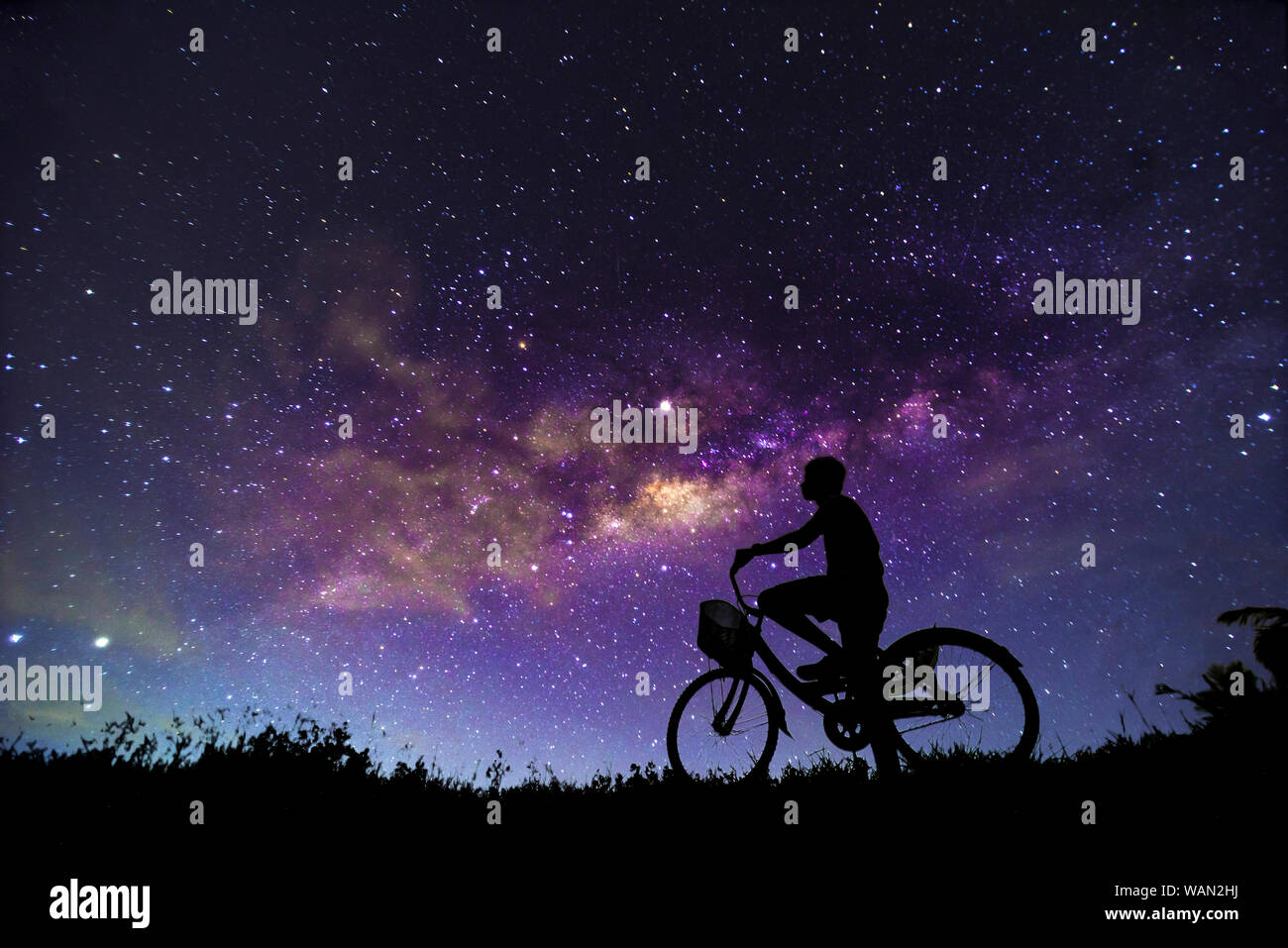 Night scenery with colorful and light yellow Milky Way Full of stars in ...