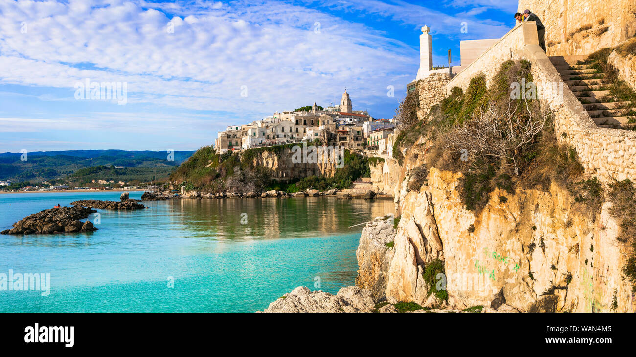 Italian holidays, beautiful coastal town in Puglia - Vieste Stock Photo ...