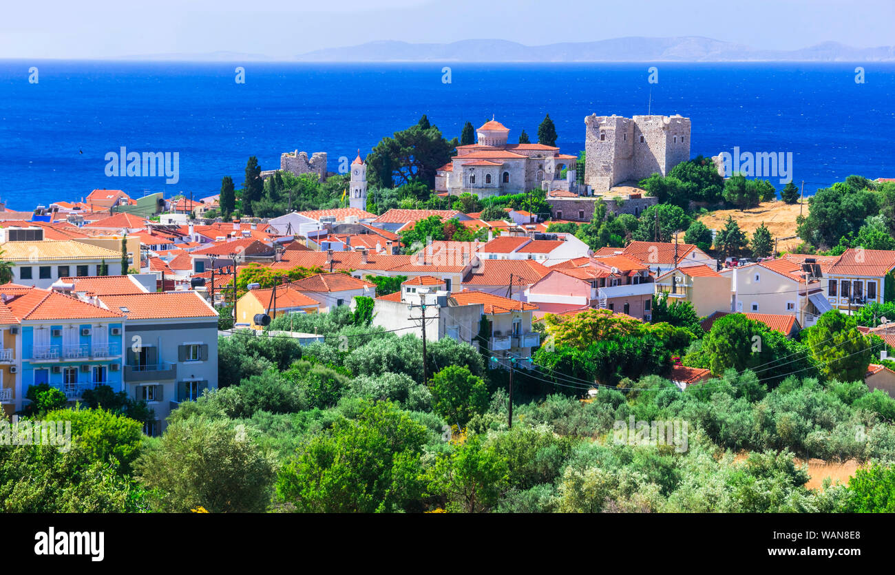 Landmarks of Samos island , Pythagorion town view with castle Stock ...