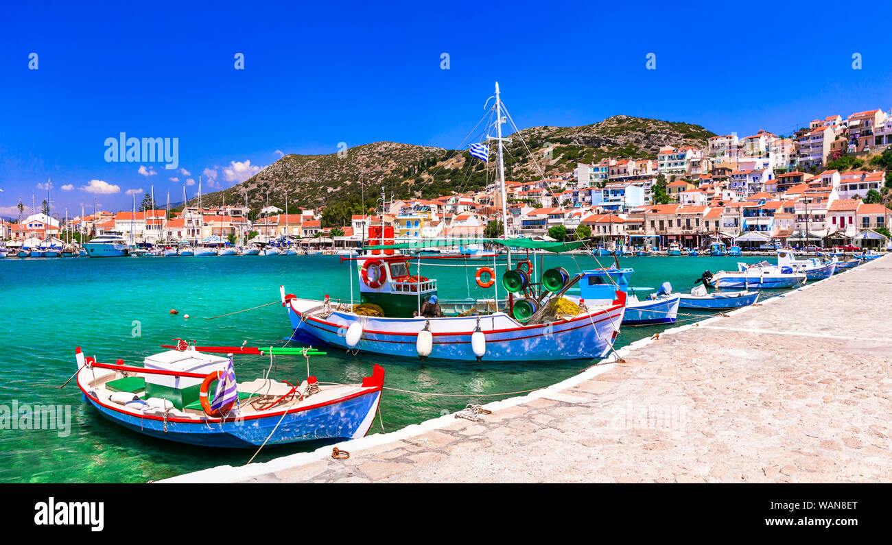 Samos island. beautiful Pythagorion old town. view with fishing boats ...