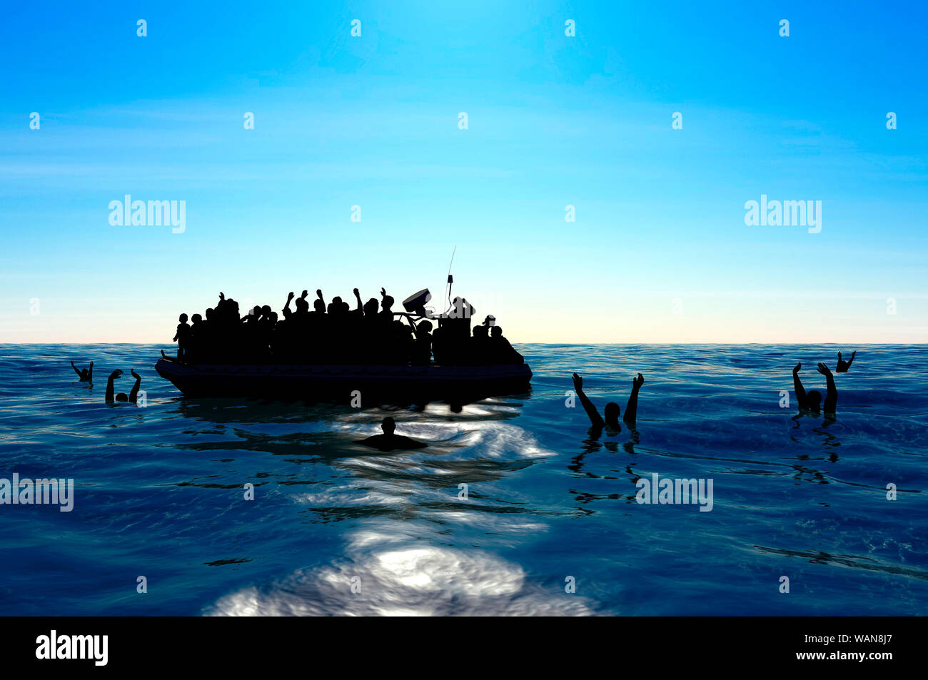 Refugees on a big rubber boat in the middle of the sea that require ...