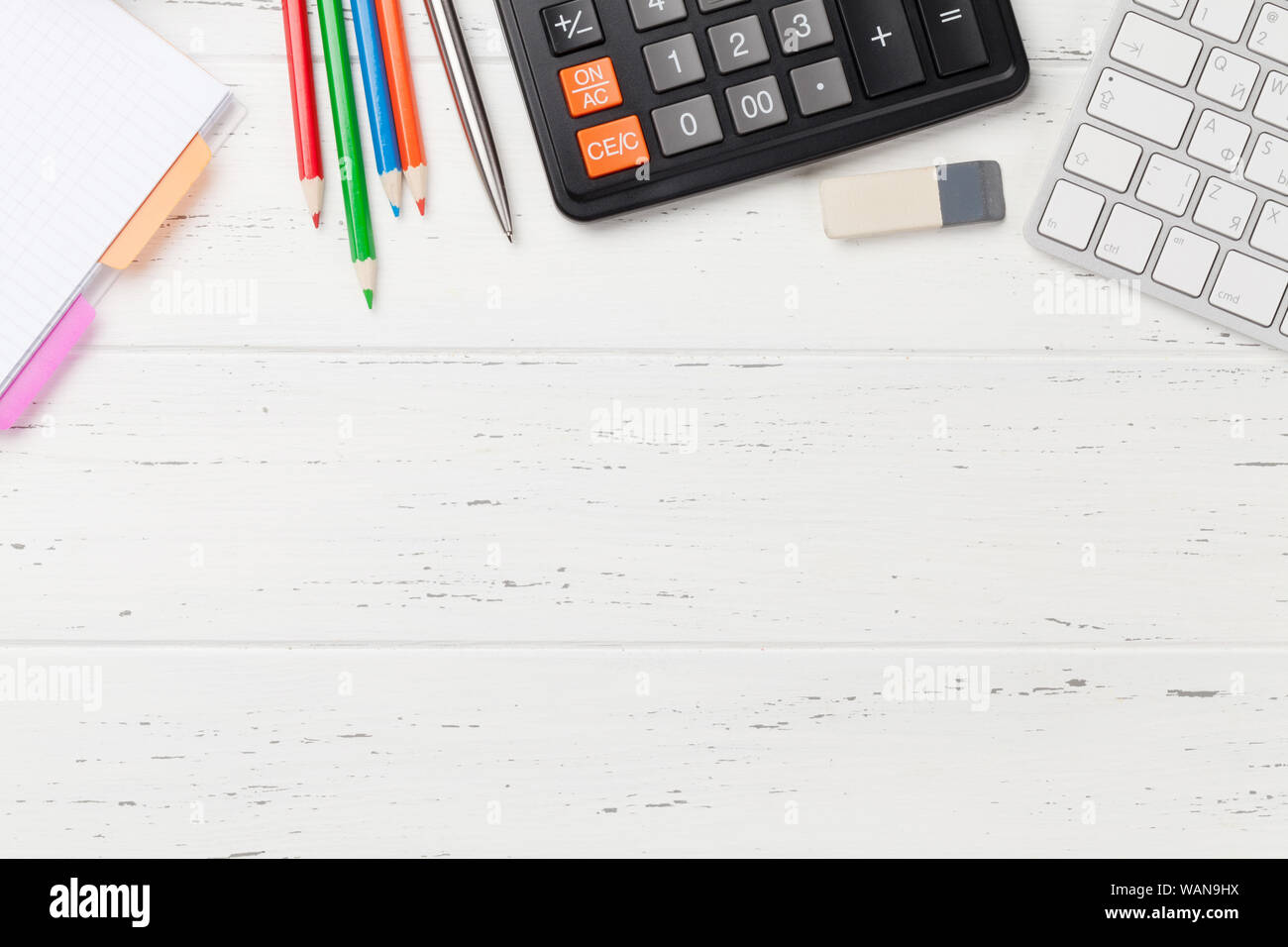 Office wooden workplace backdrop with supplies and computer. Flat lay ...