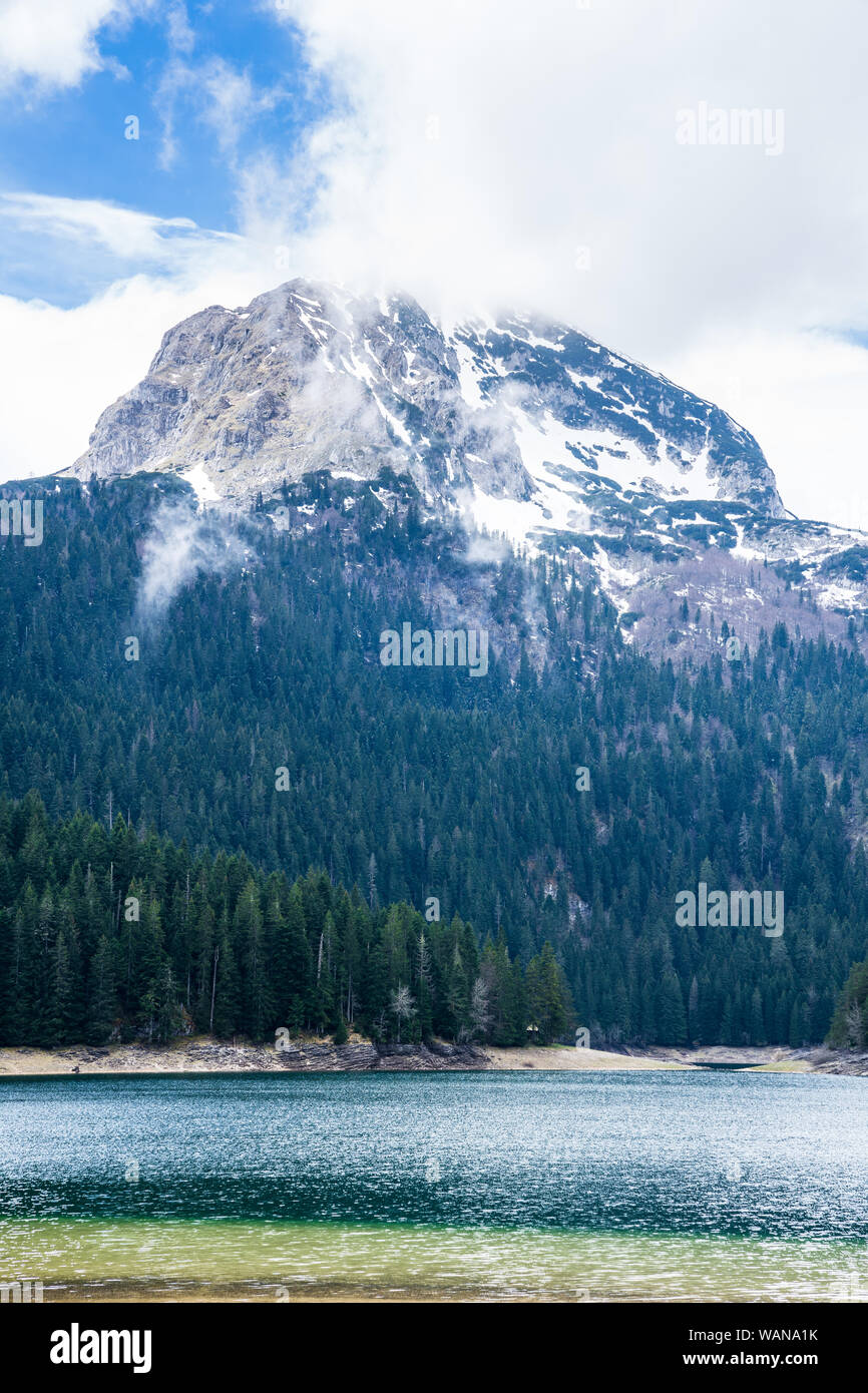 Montenegro, Impressive snow covered mountain behind waters and trees of ...