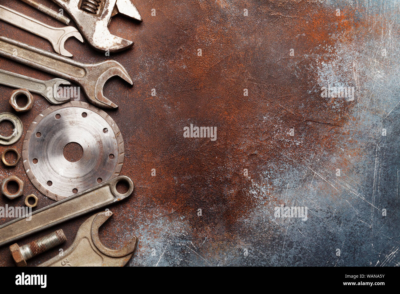 Vintage old tools on stone backdrop. Top view with copy space. Flat lay ...