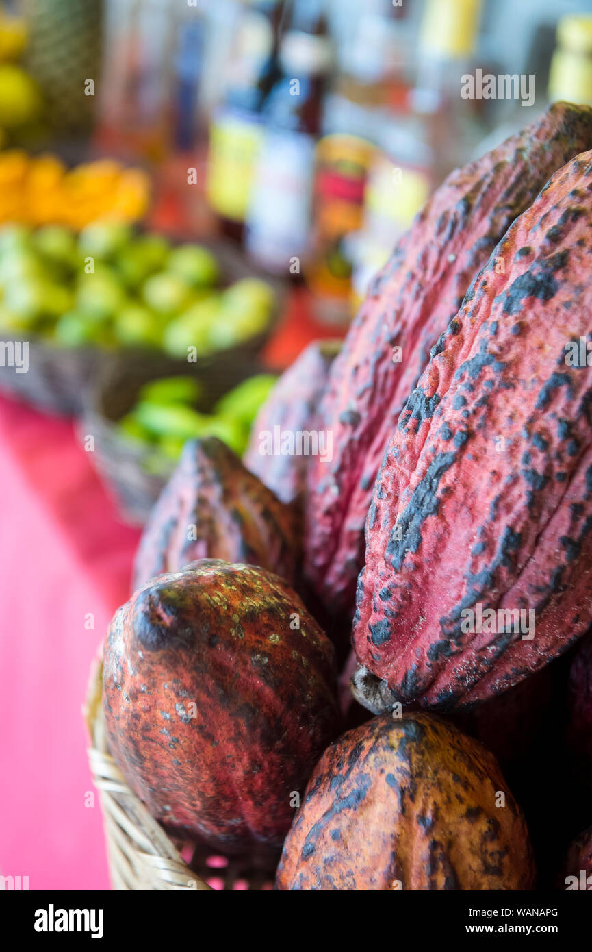 Rustic Brazilian beach bar lined with fresh local tropical fruits for ...