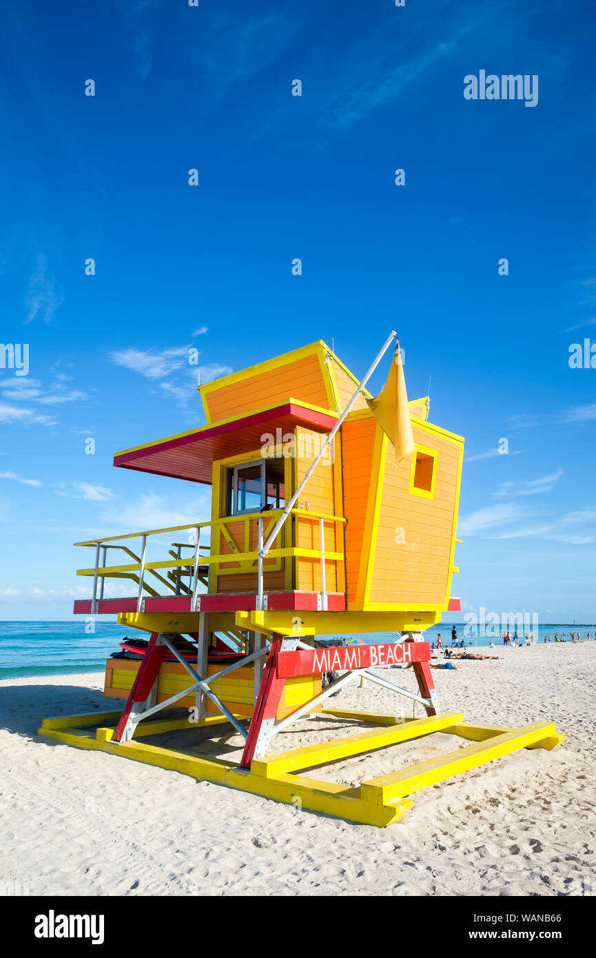 Bright sunny view of colorful lifeguard hut on a calm afternoon in ...