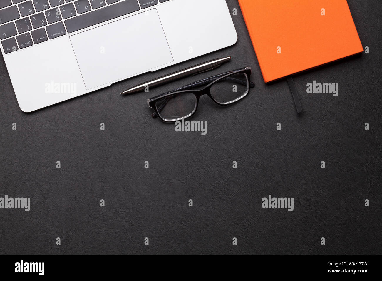 Office workplace table with supplies and computer. Flat lay. Top view ...