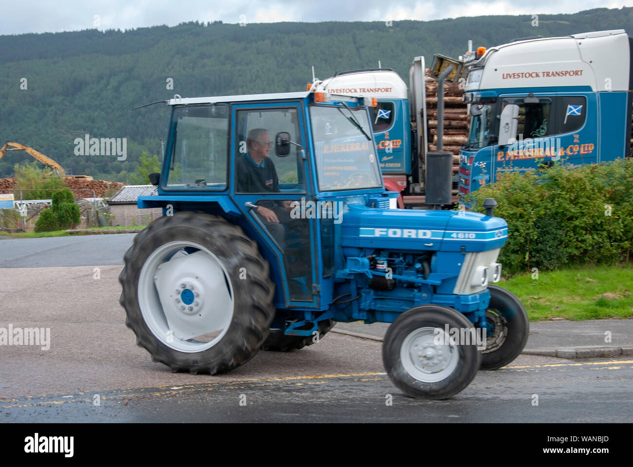 Man Driving 1982 Blue White Ford 4610 Model Tractor with Cab male ...
