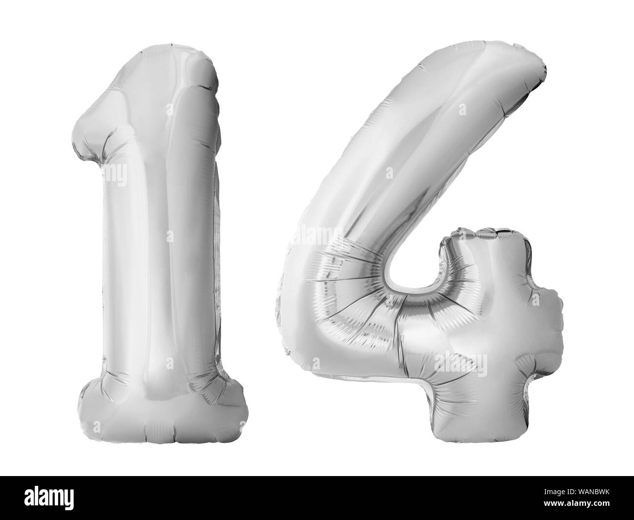 Number 14 fourteen made of silver inflatable balloons isolated on white ...