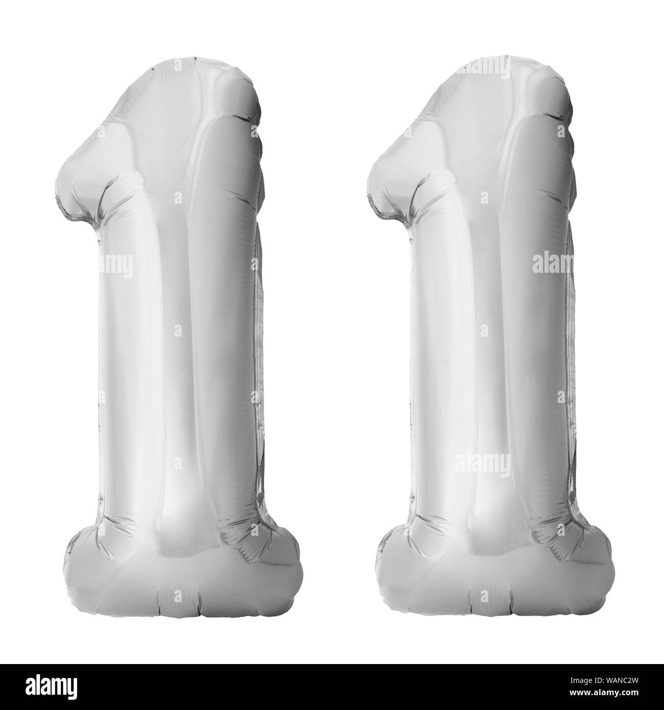 Number 11 eleven made of silver inflatable balloons isolated on white ...