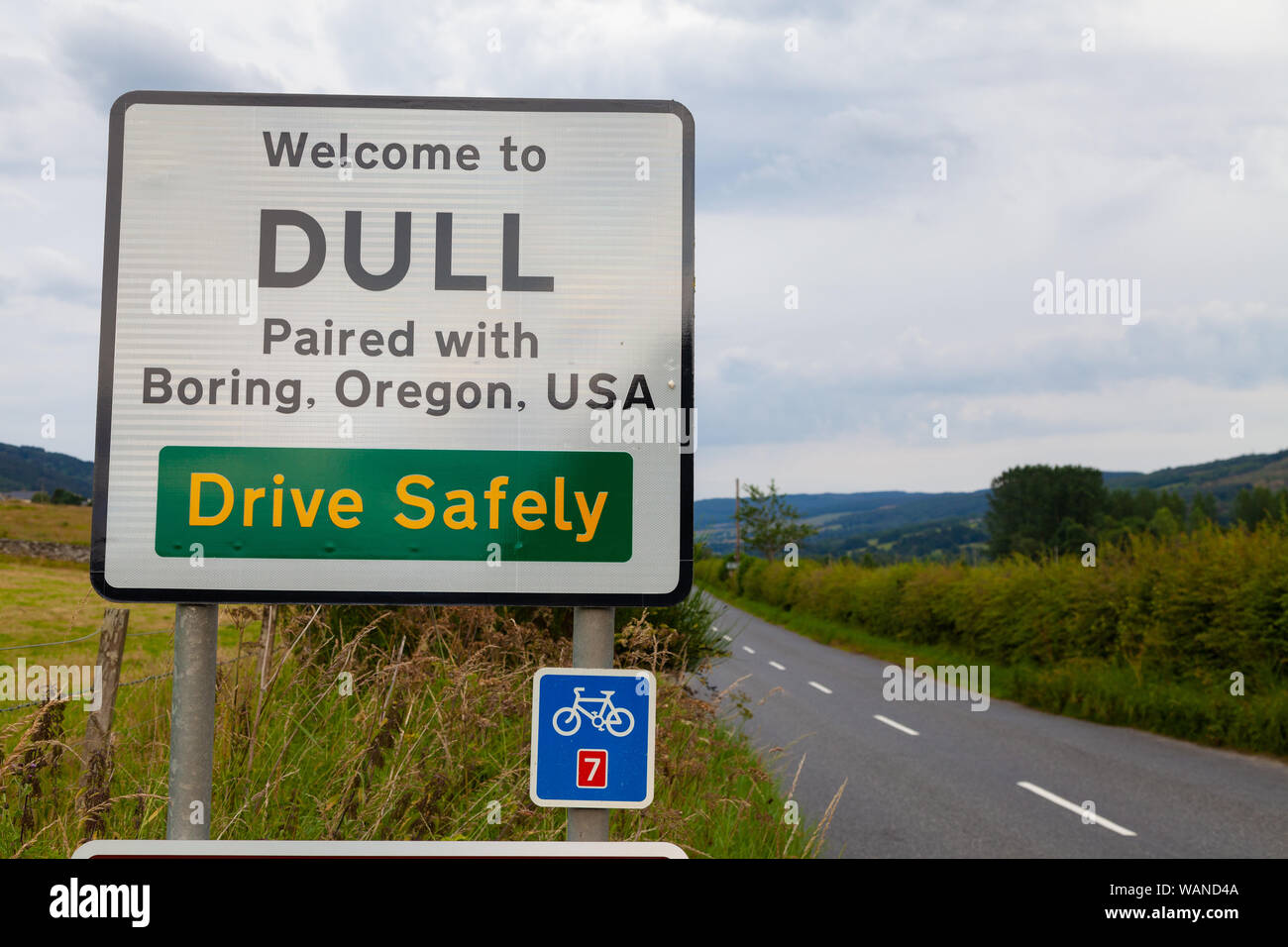 Road sign at Scottish village called Dull near Aberfeldy in Perthshire ...