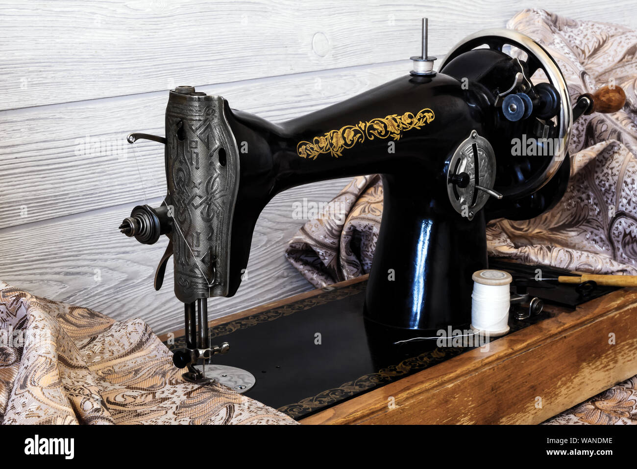 still life with antique sewing machine and fabrics Stock Photo - Alamy