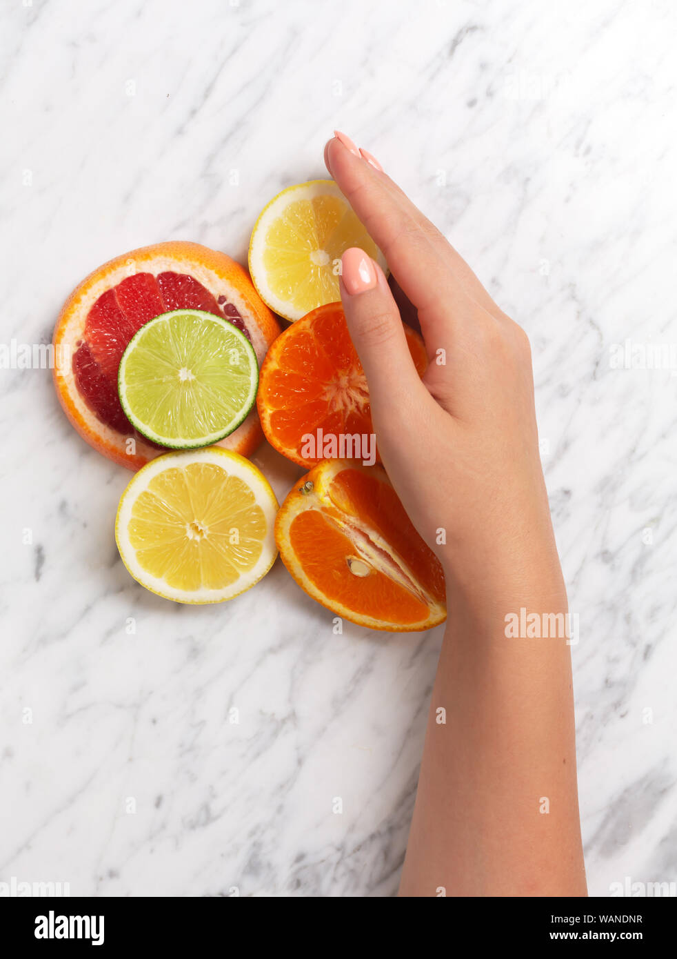 Citrus fruits. Orange, lemon, grapefruit, mandarin and lime on a trendy ...