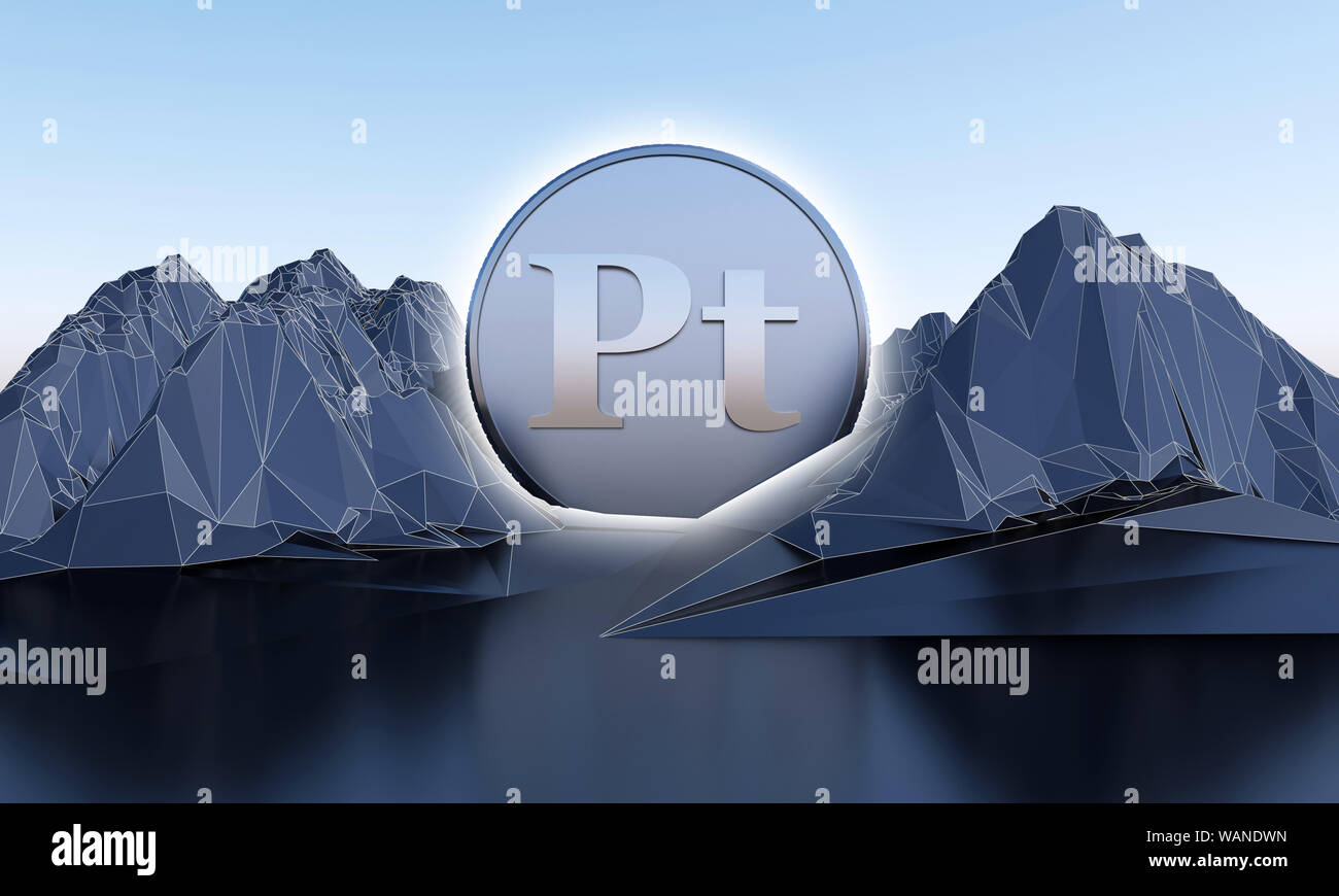 platinum symbol in shape of coin in abstract mountains. 3d rendering ...