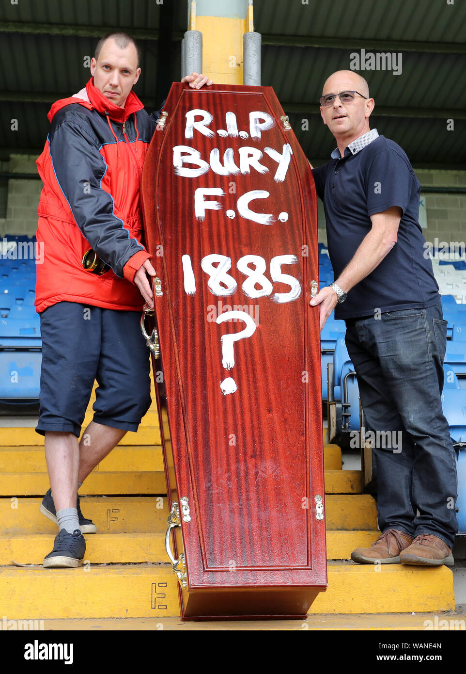 Bury fans with a coffin inside Gigg Lane, Bury Stock Photo - Alamy
