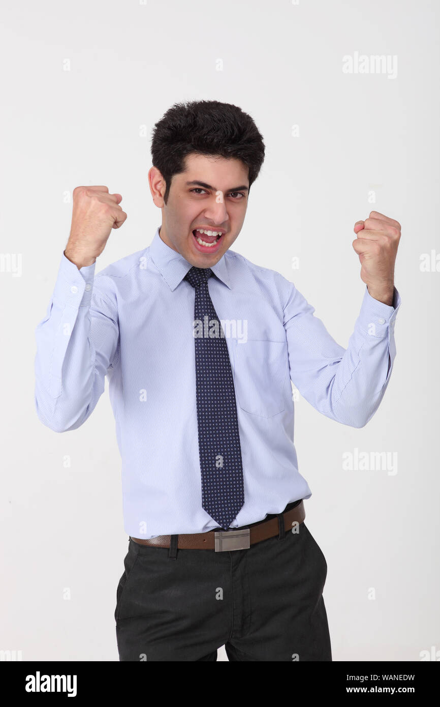 Shouting businessman celebrating success Stock Photo - Alamy