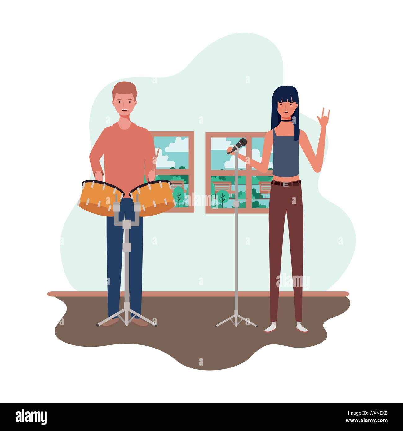 couple of people with musicals instruments in living room Stock Vector ...