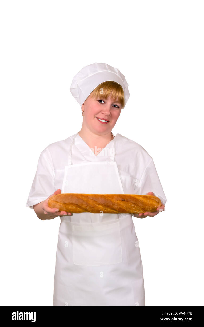 female baker with baguette isolated on white background Stock Photo - Alamy