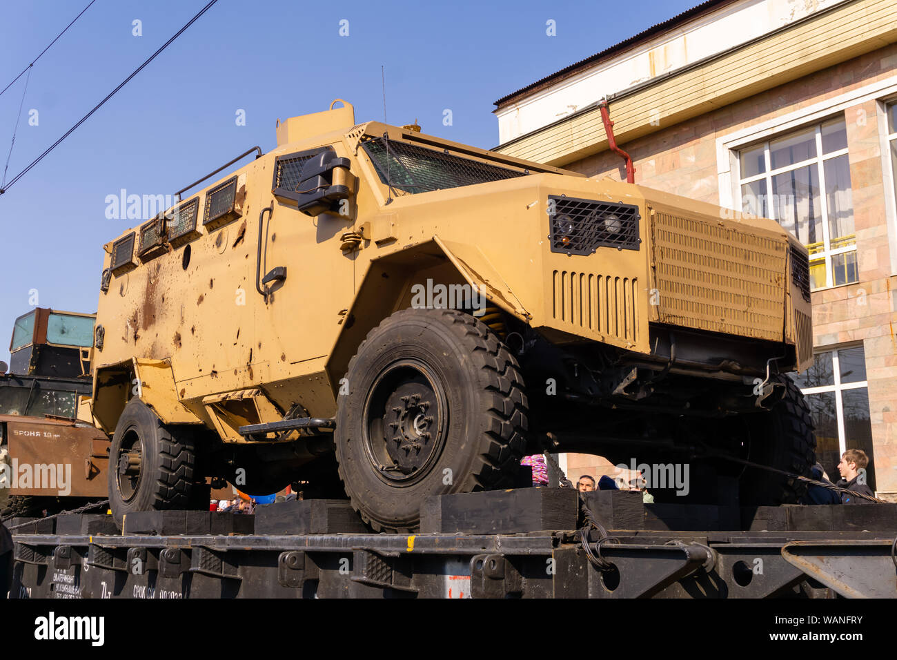 Perm, Russia - April 10, 1019: armored car of ISIS militants with holes ...