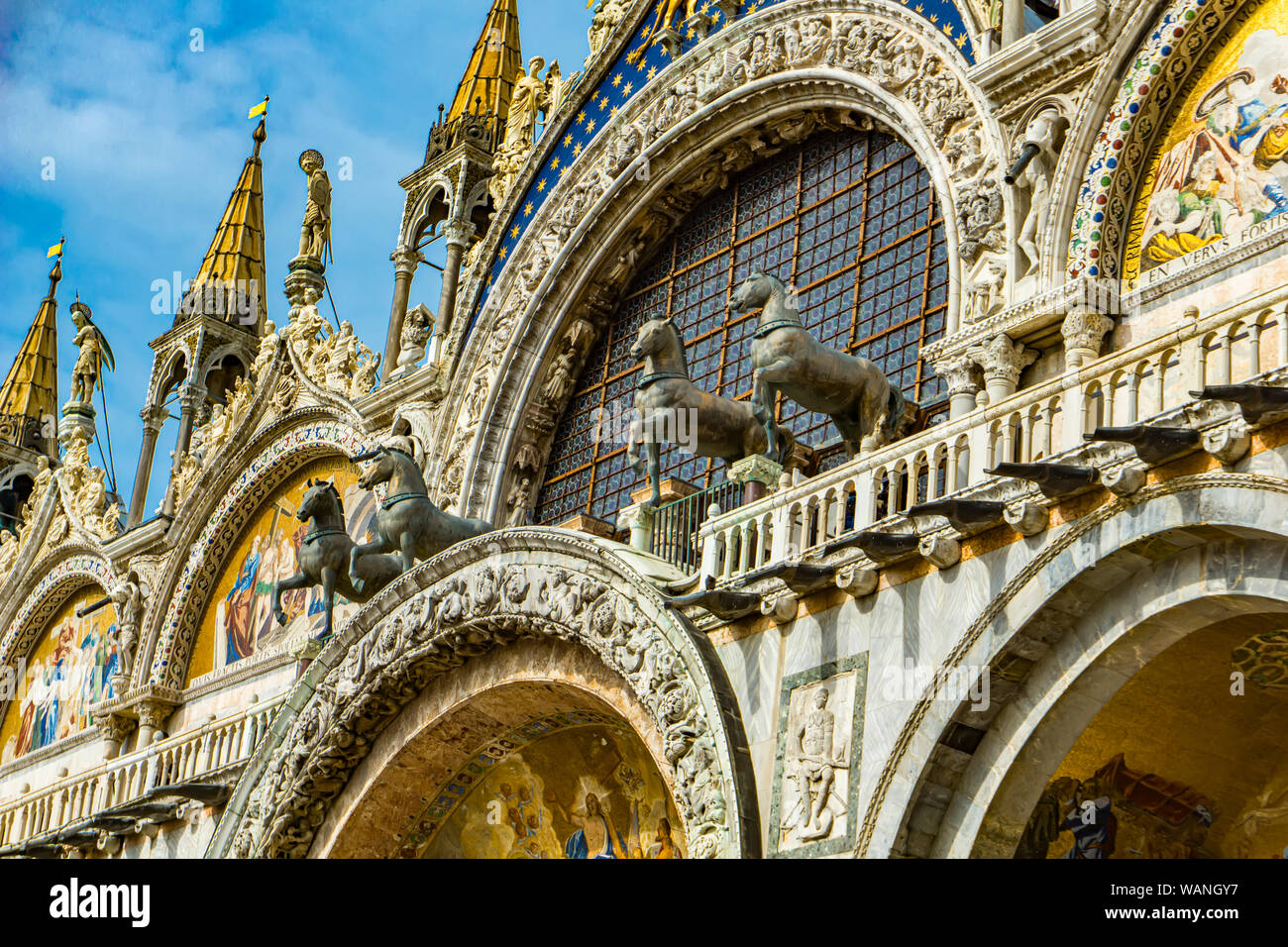 View at bronze horses of Saint Mark on top of the St Mark`s Basilica in ...