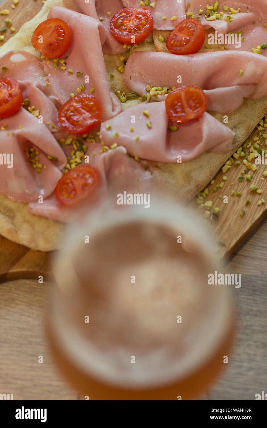 Italian happy hour food detail with pizza and beer glass Stock Photo ...