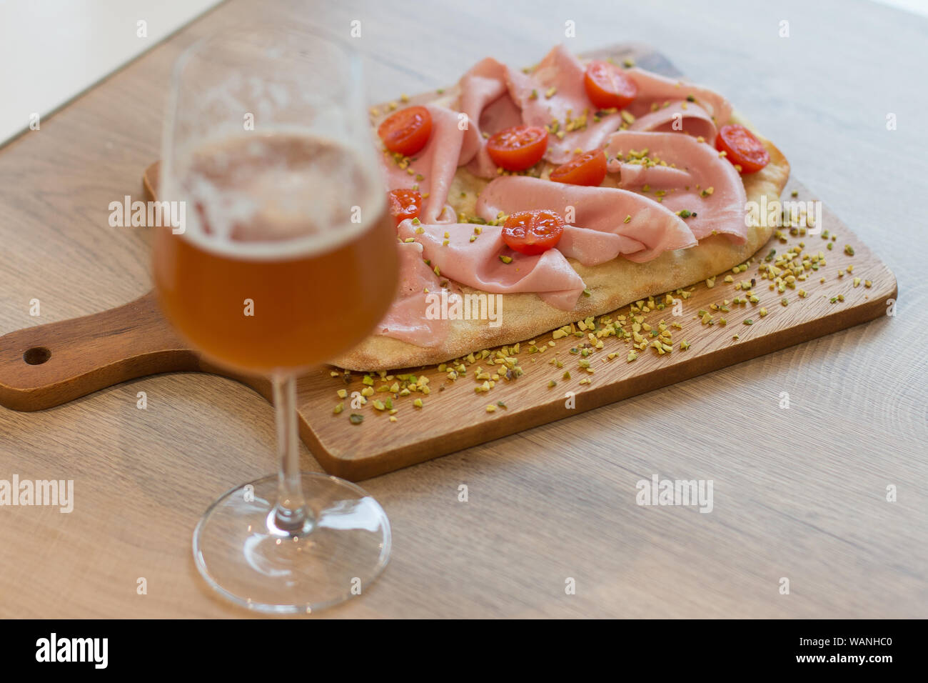 Italian happy hour food detail with pizza and beer glass Stock Photo ...