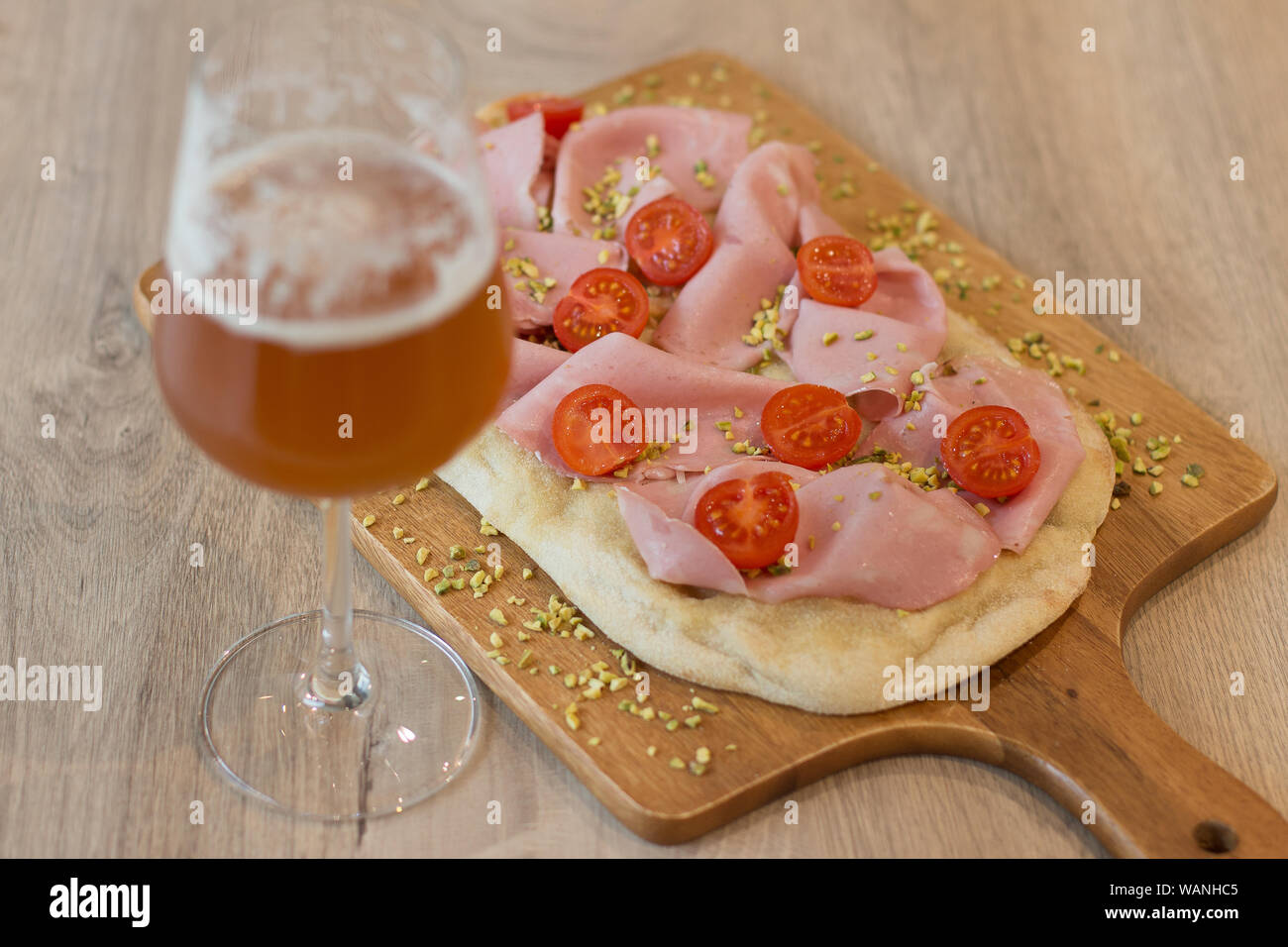 Italian happy hour food detail with pizza and beer glass Stock Photo ...
