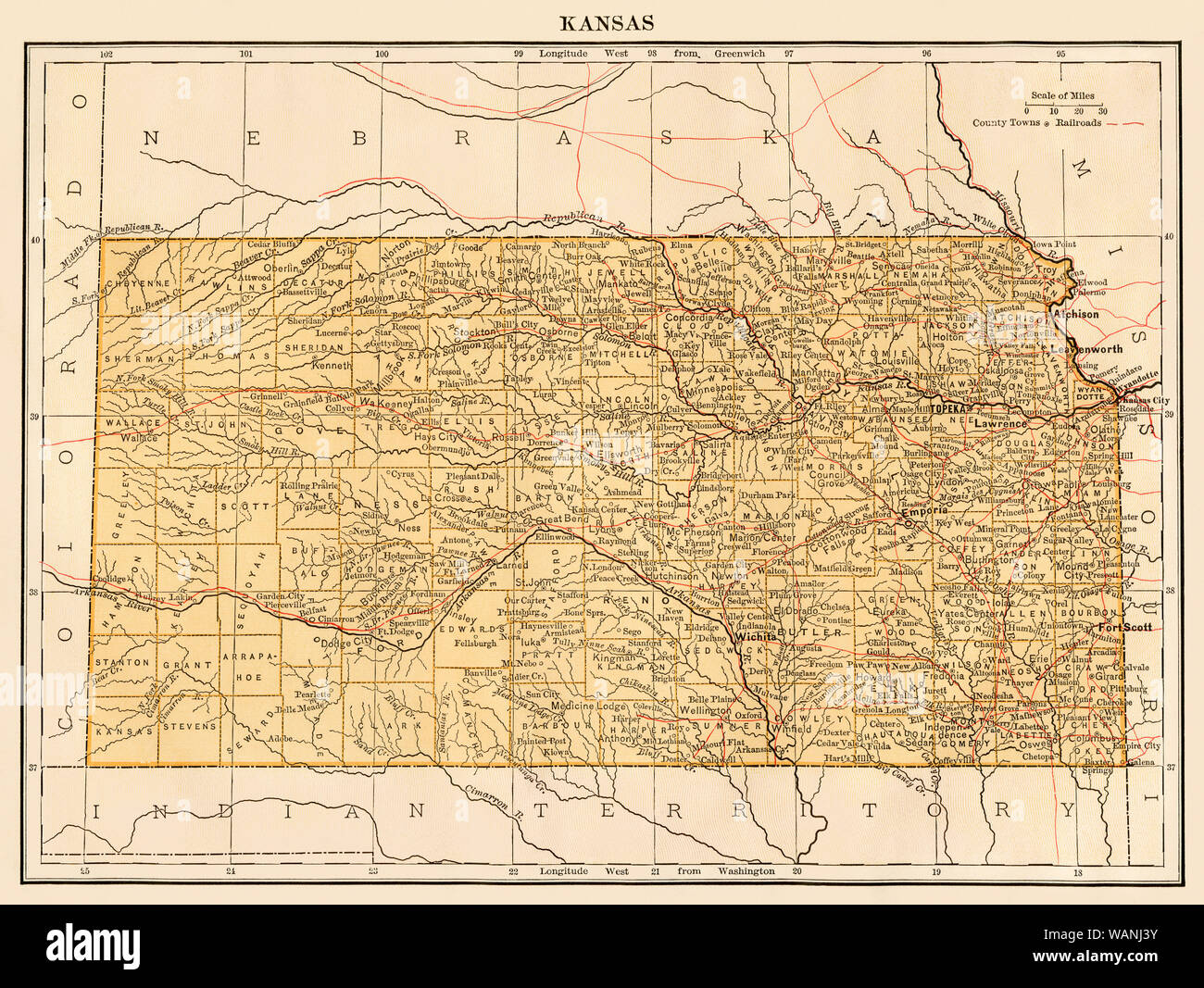 Map of Kansas, 1870s. Printed color llithograph Stock Photo - Alamy