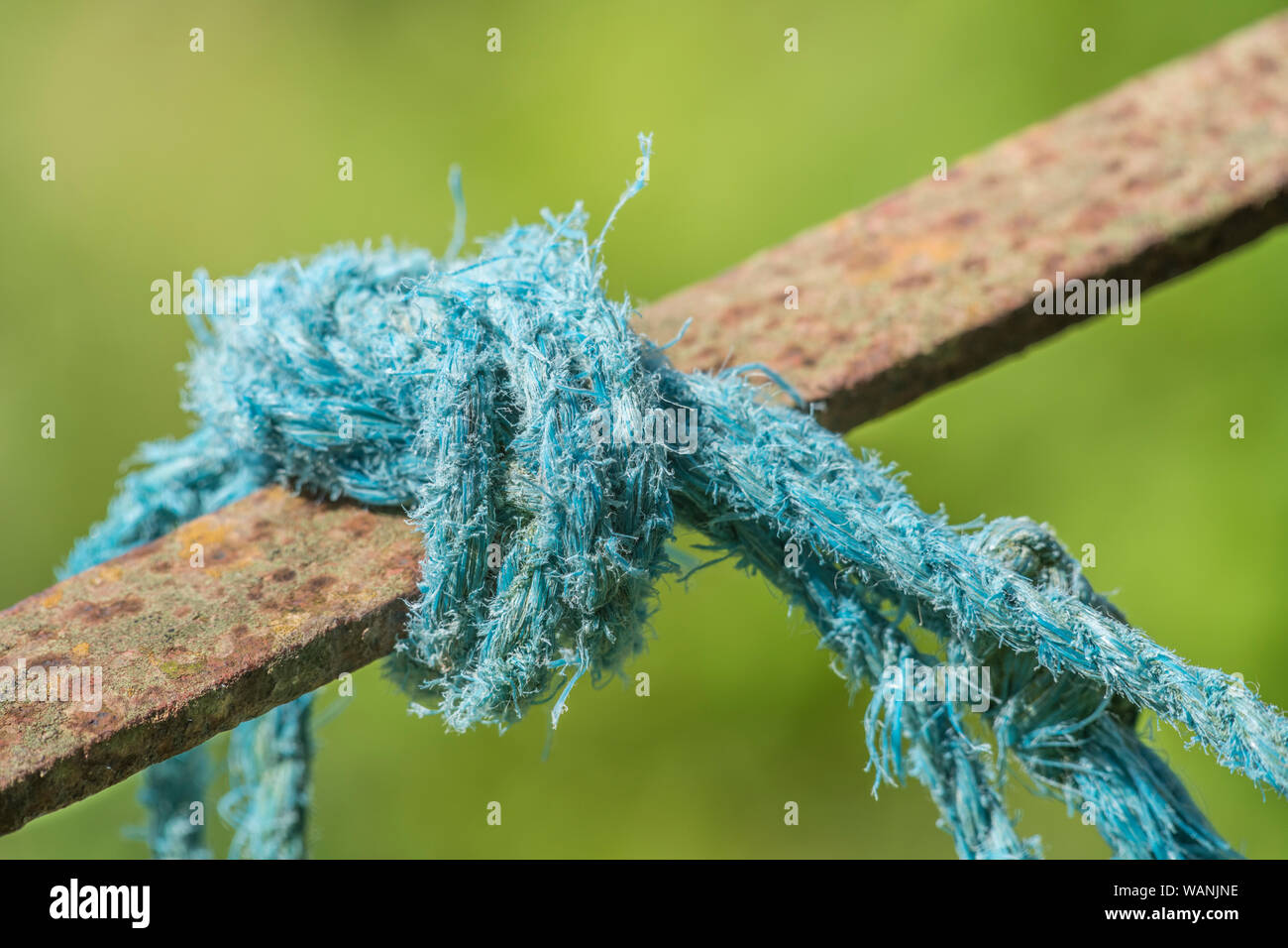 Thick industrial polymer rope tied round top of metal farm gate ...