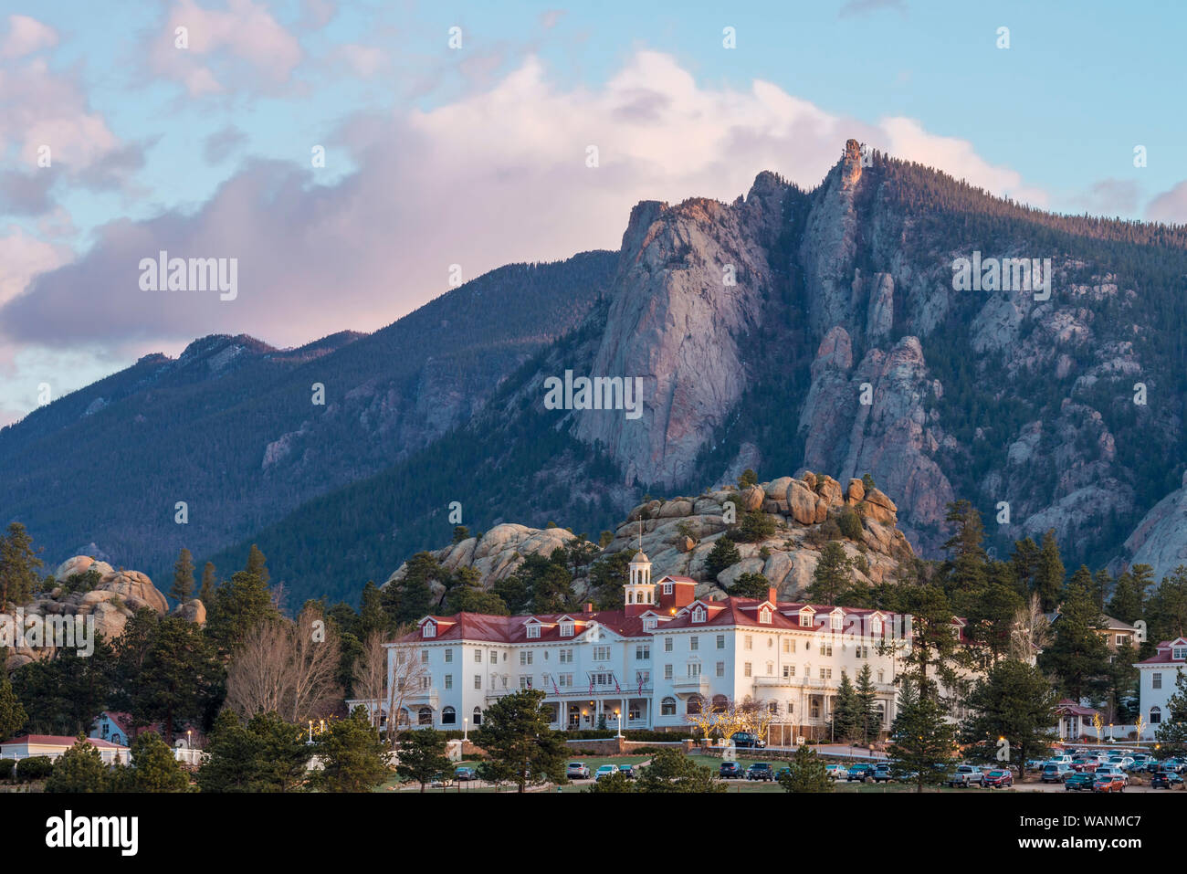 The historic Stanley Hotel during a spring sunrise in Estes Park ...
