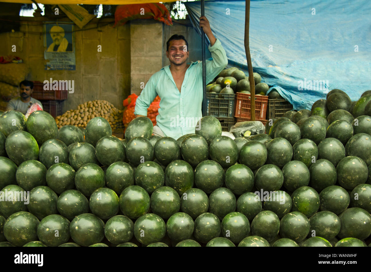 Watermelons sales at a market stall, Gurgaon, Haryana, India Stock ...