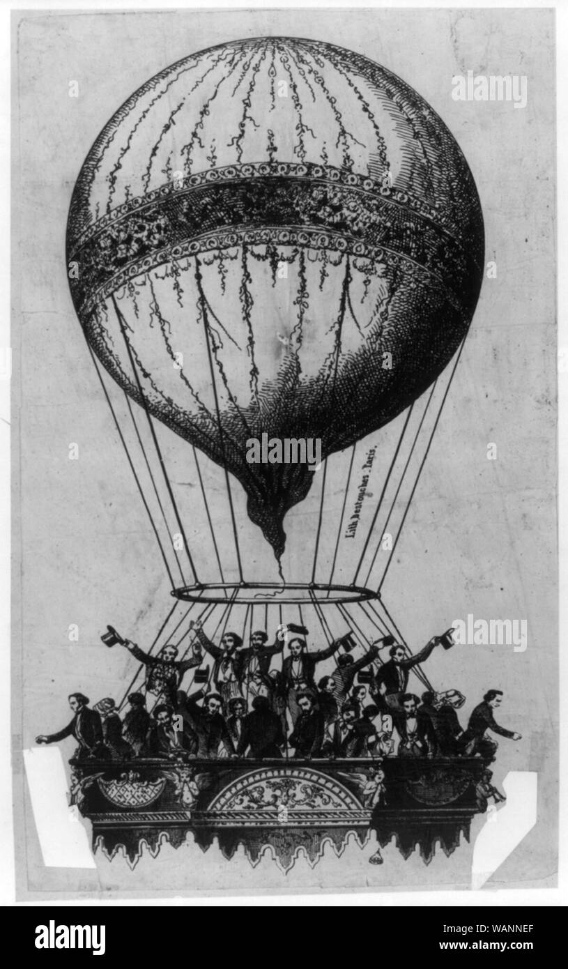 Crowd of passengers wave from basket of ascending balloon Stock Photo ...