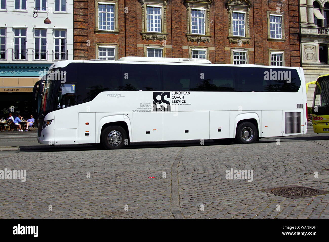 Copenhagen, Denmark - July 20, 2019: White European Coach Service bus ...