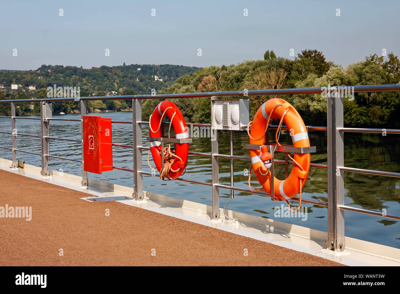 safety throw rings; life ring, river boat; top deck, railing, Seine ...