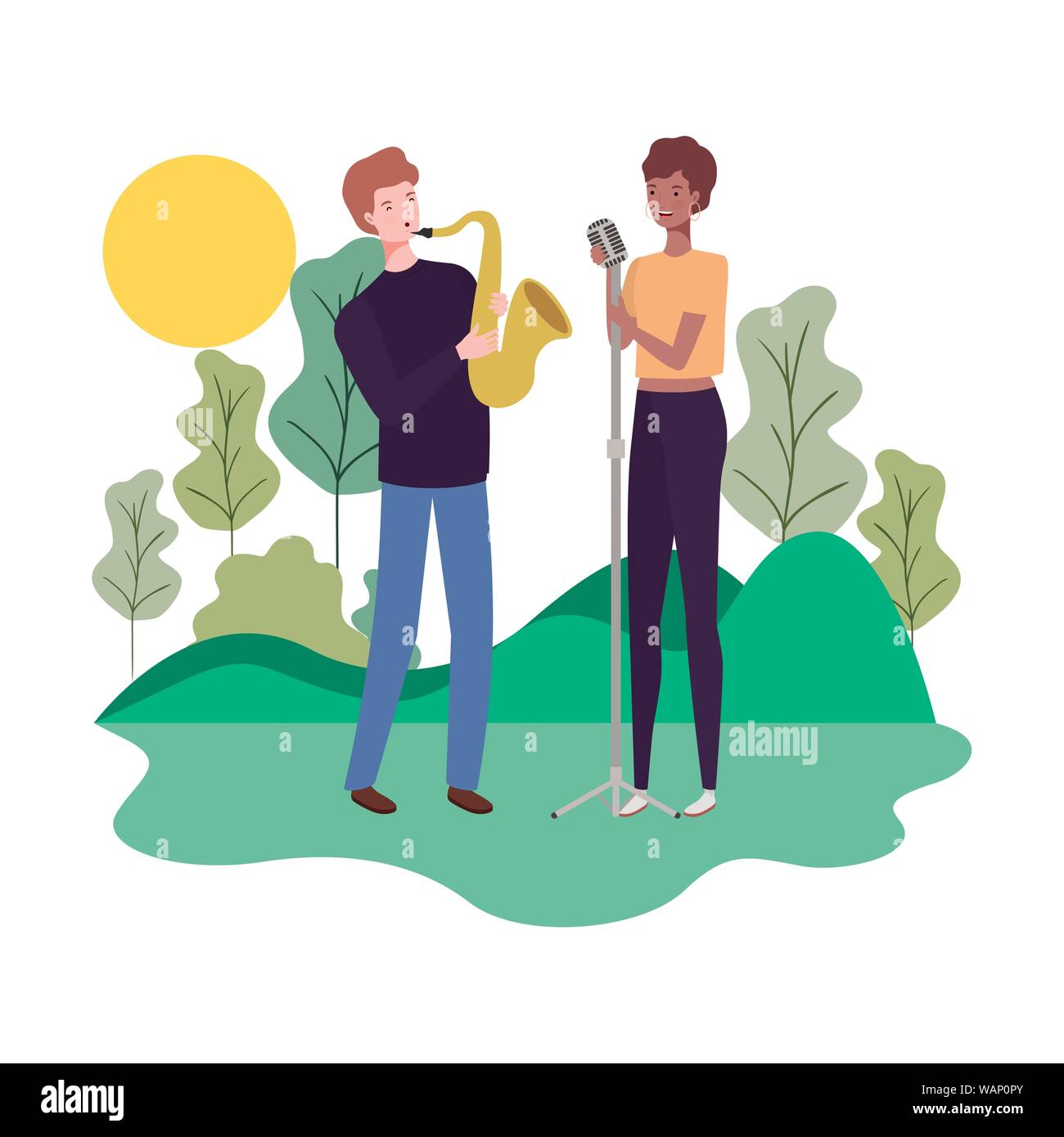 couple of people with musicals instruments and background landscape ...