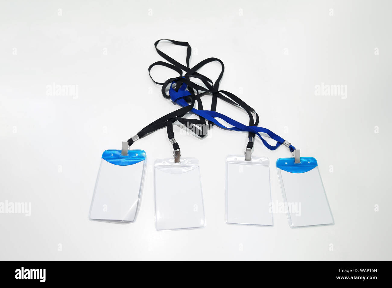 Plastick Tag card neck holder in Tangled blue ribbon isolated on white ...