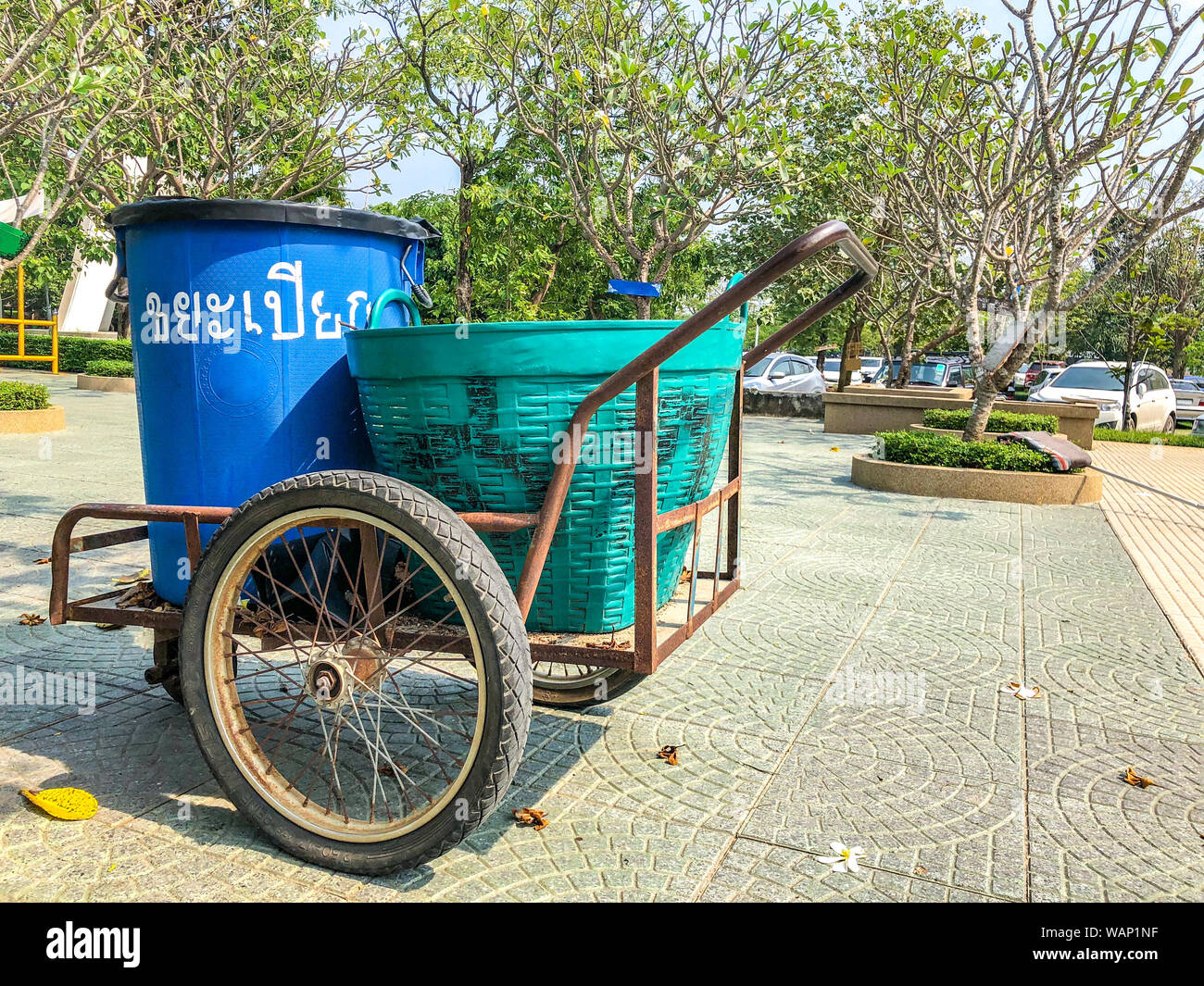 Wet Waste garbage plastic can on the three wheel Thailand local trolley ...