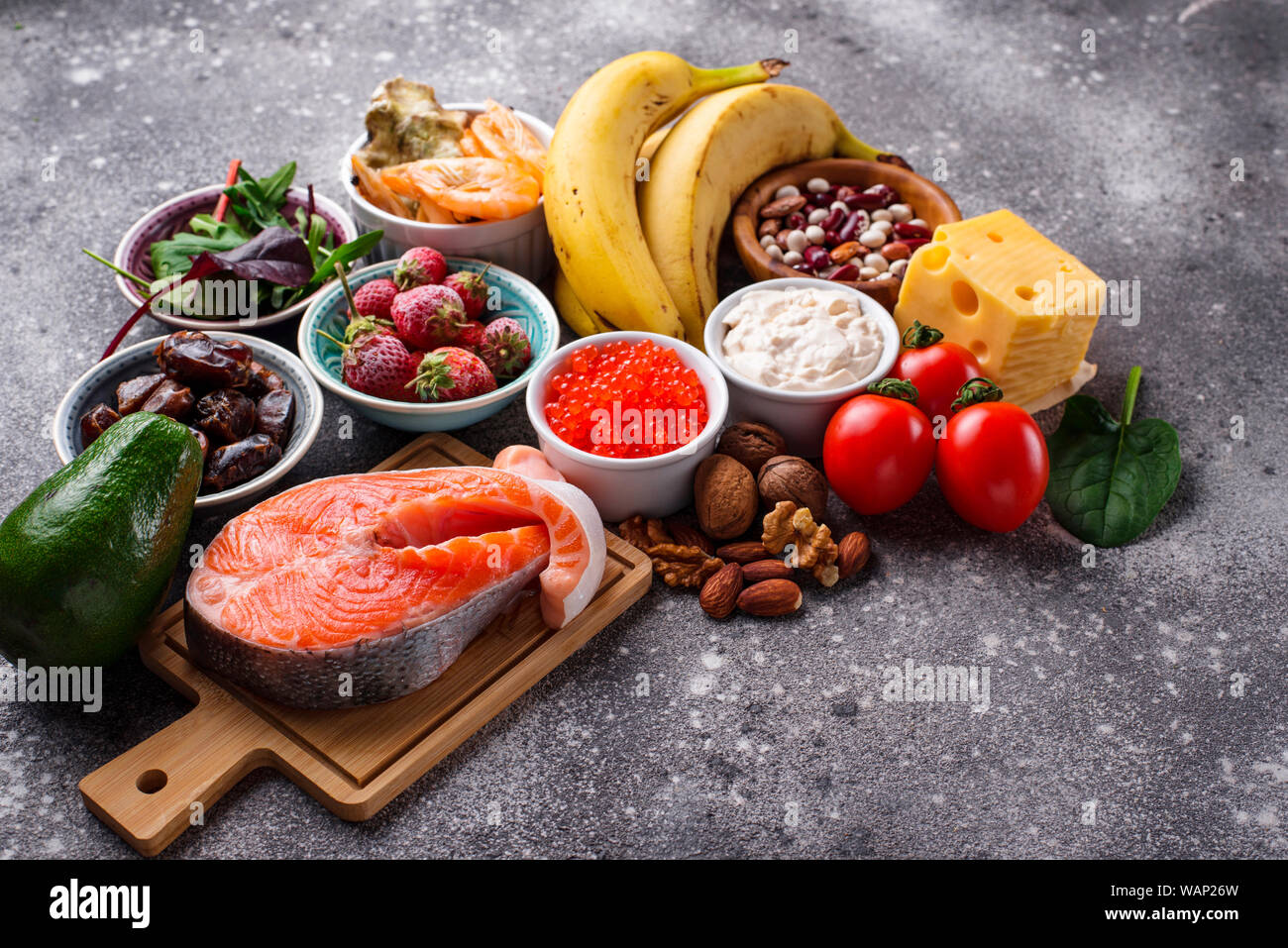 Food for good mood and happiness. Serotonin sources Stock Photo - Alamy