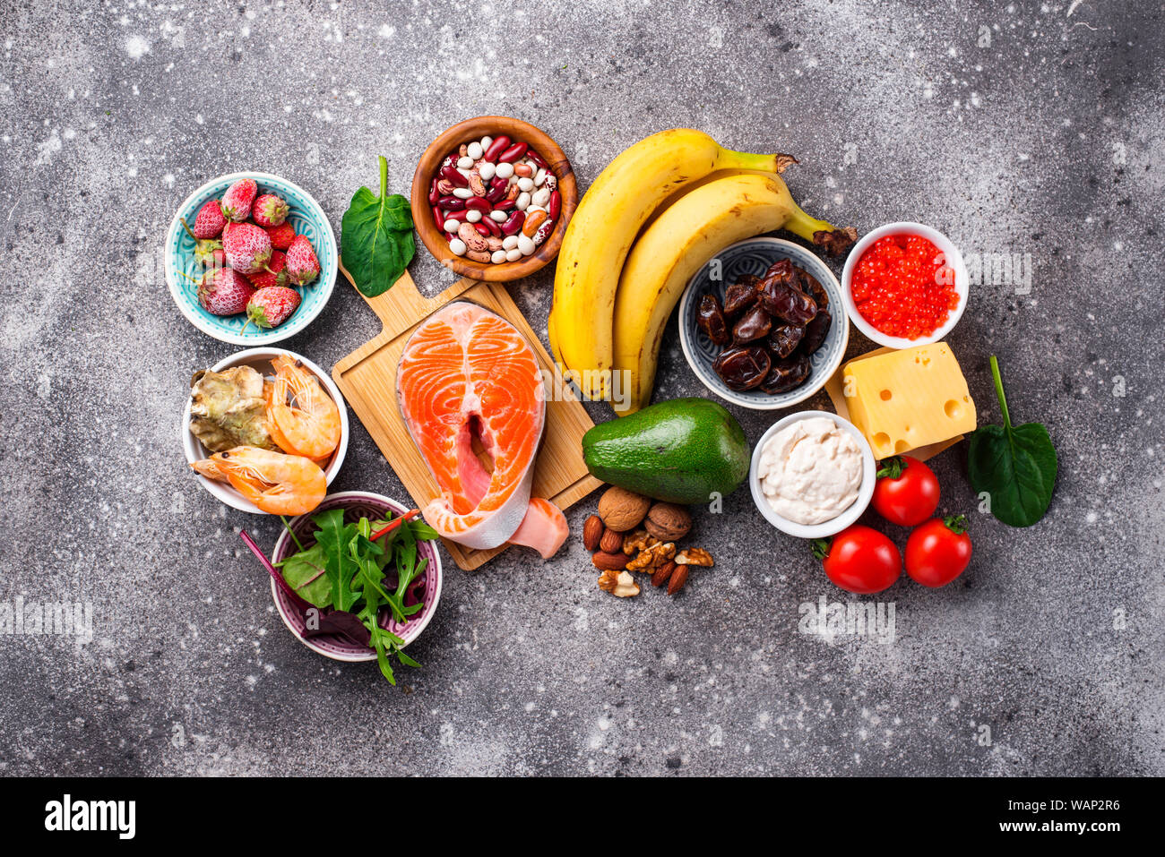Food for good mood and happiness. Serotonin sources Stock Photo - Alamy