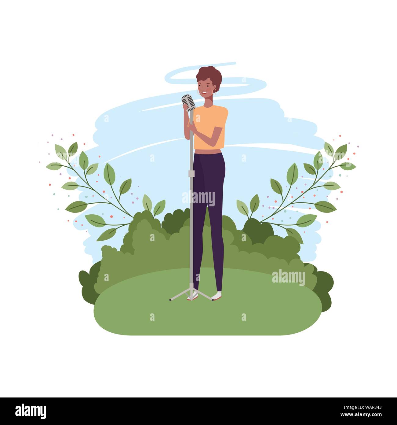 woman with microphone and branches and leaves in the background Stock ...