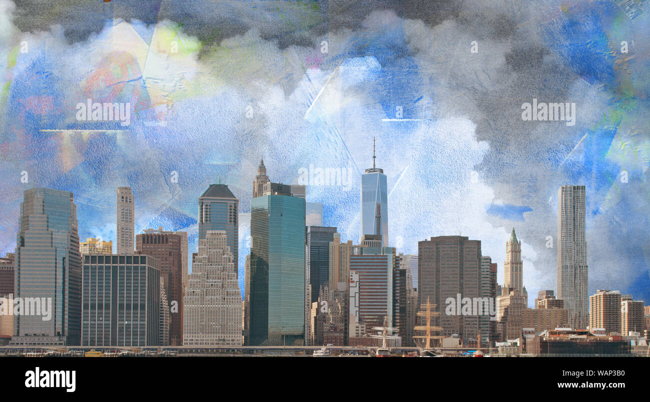 NYC Landscape. Manhattan skyline on painted canvas. Pastel colors Stock ...