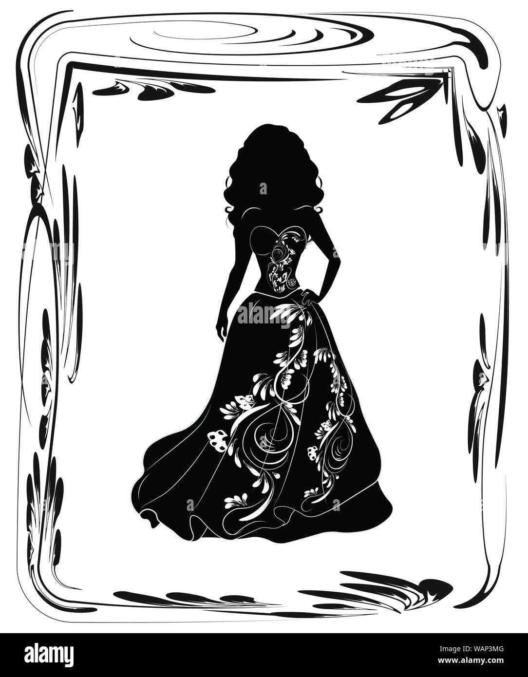 silhouette of the beautiful young bride in a magnificent wedding dress ...