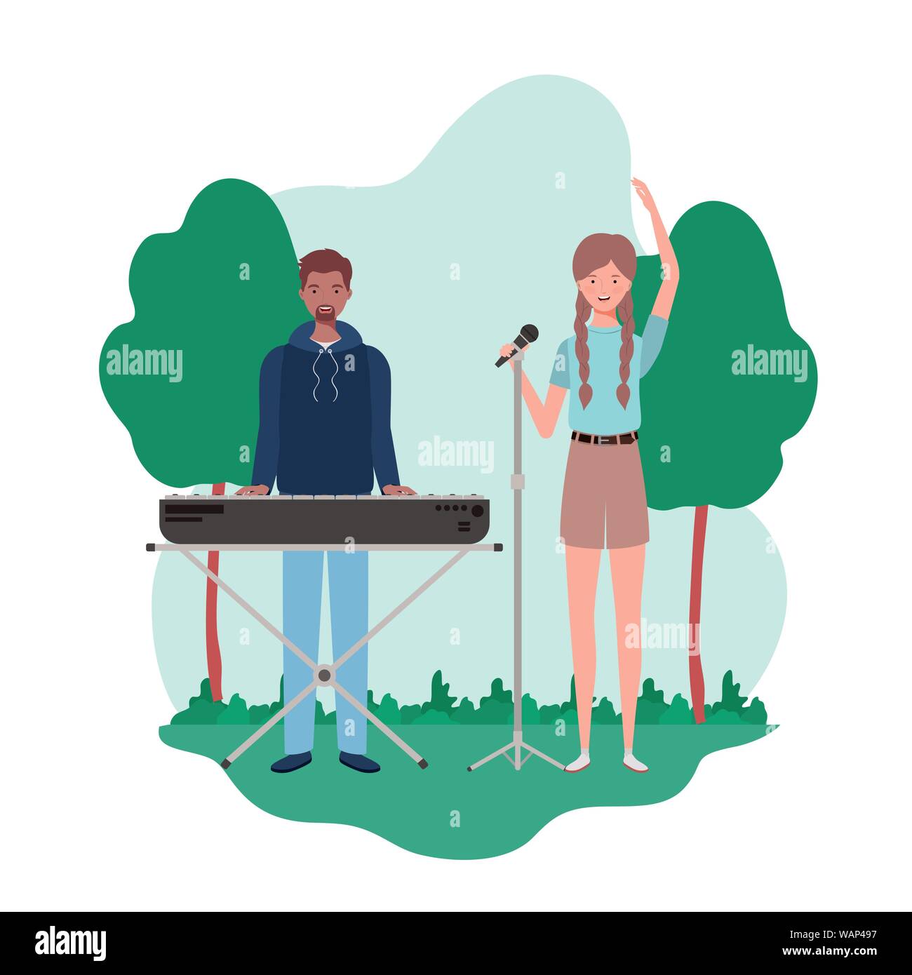 couple of people with musicals instruments and background landscape ...