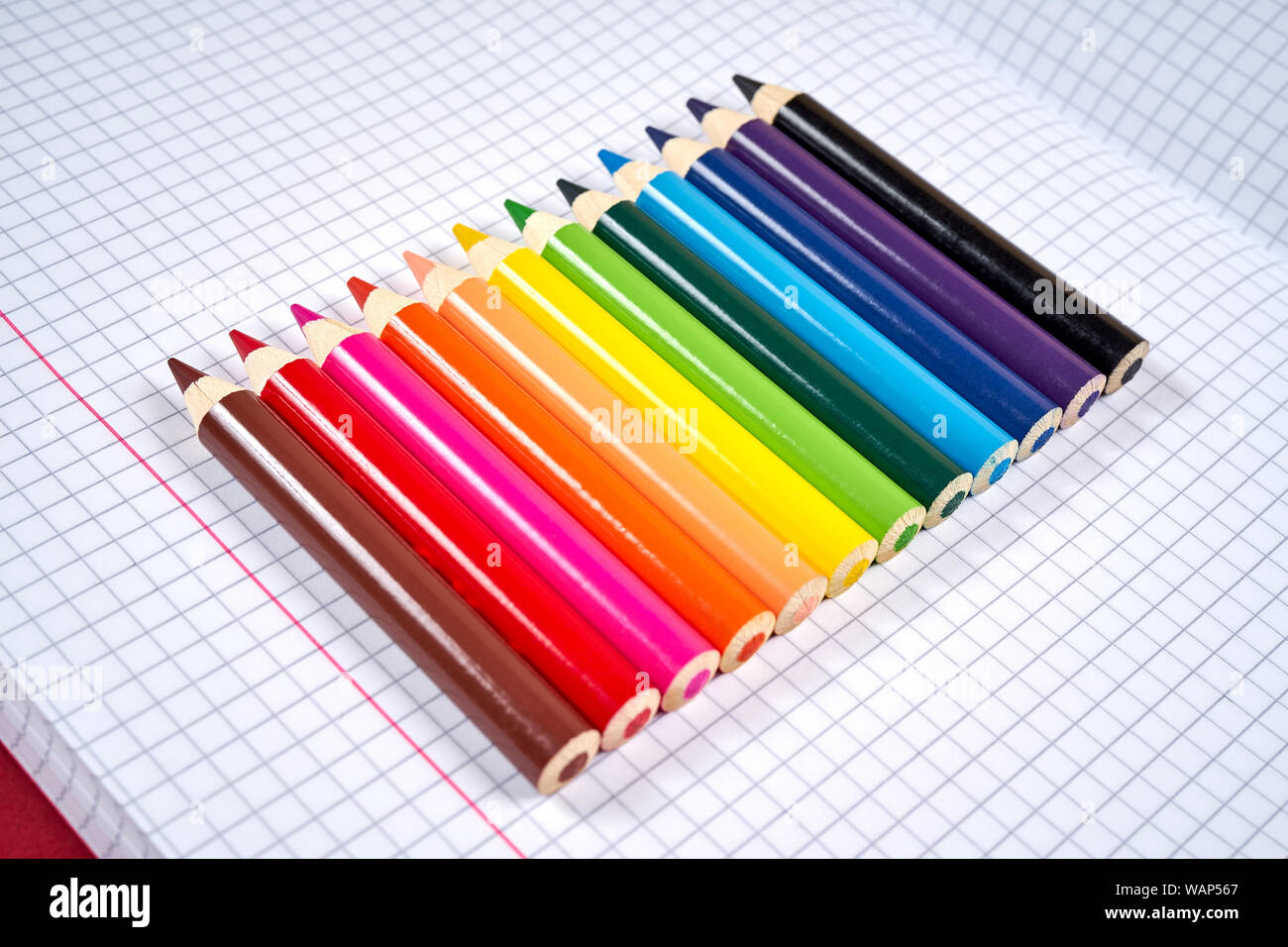 colored pencil crayons on an open checkered notebook Stock Photo - Alamy